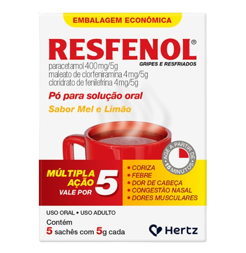 Resfenol 400mg + 4mg + 4mg pó para solução - 5 envelopes de alumínio ...
