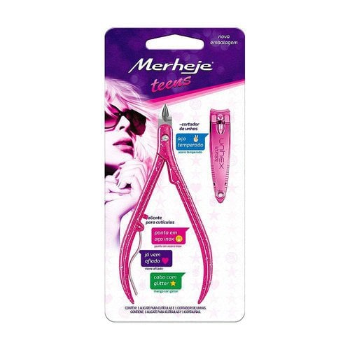 Conjunto Alicate Cutículas Merheje Teen + Cortador Unhas Rosa