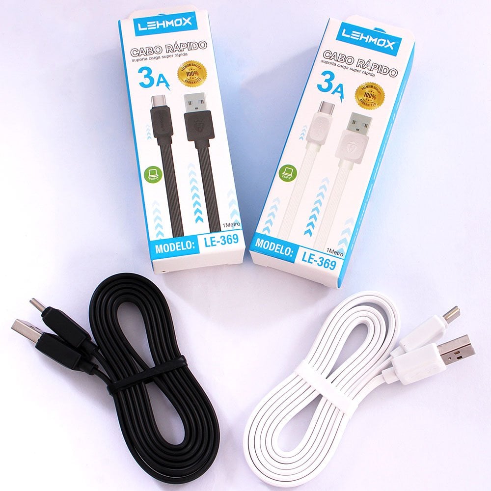 Cabo USB Tipo C Turbo 1 Metro Emborrachado Lehmox LE 369 Feira Da Madrugada SP