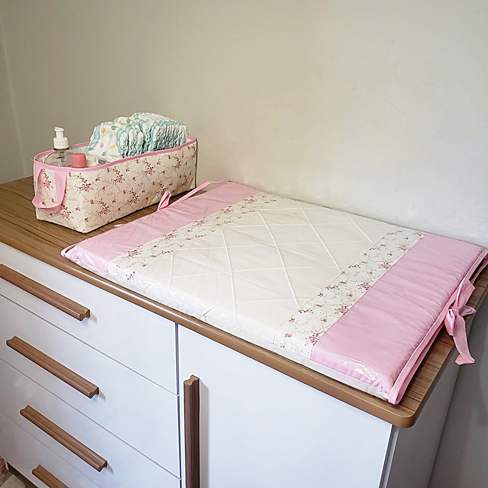 Kit Trocador de Cômoda e Cesto Organizador Fralda Objetos Floral Rosa ...